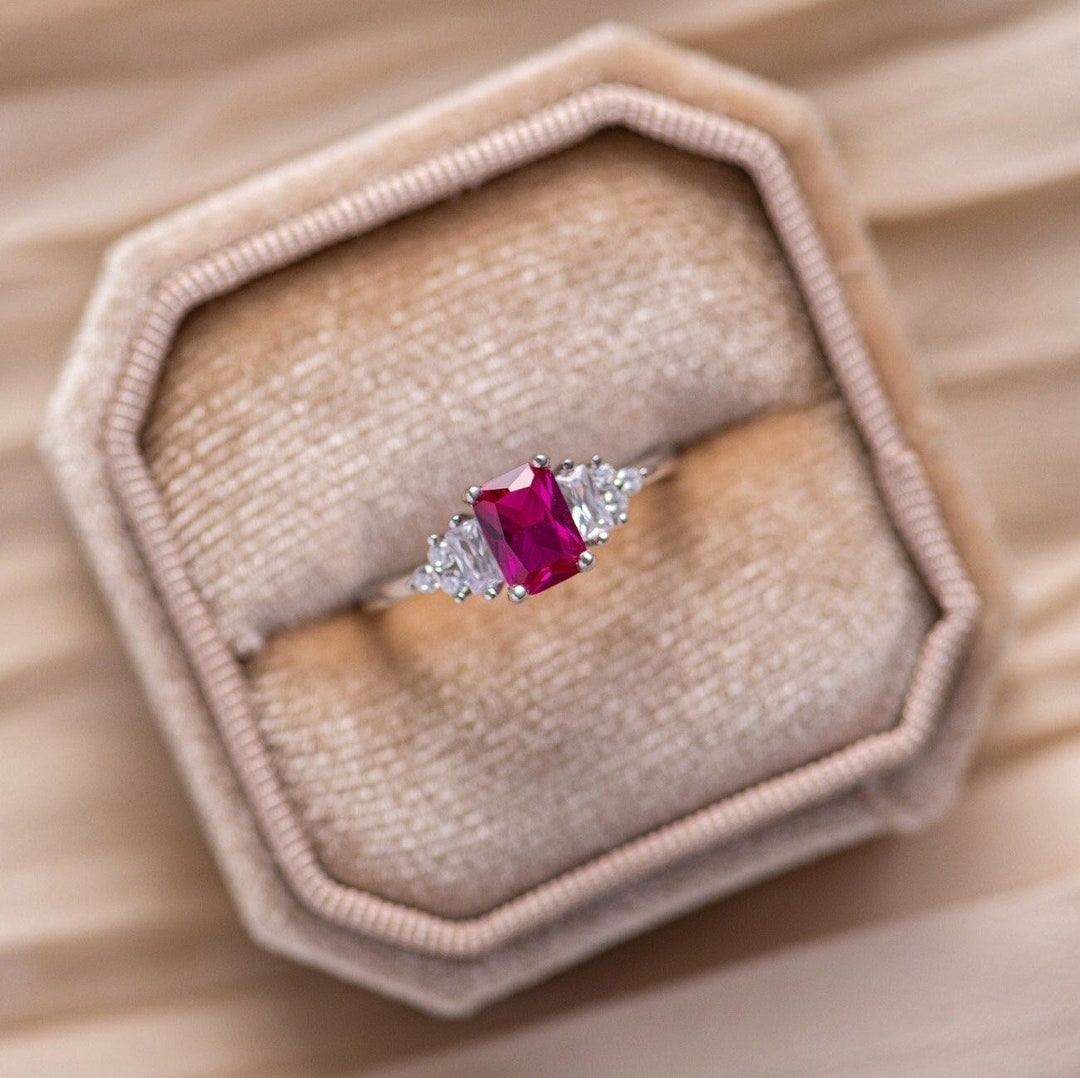 Ruby Engagement Wedding Ring Emerald Cut Vintage White Gold - Etsy UK