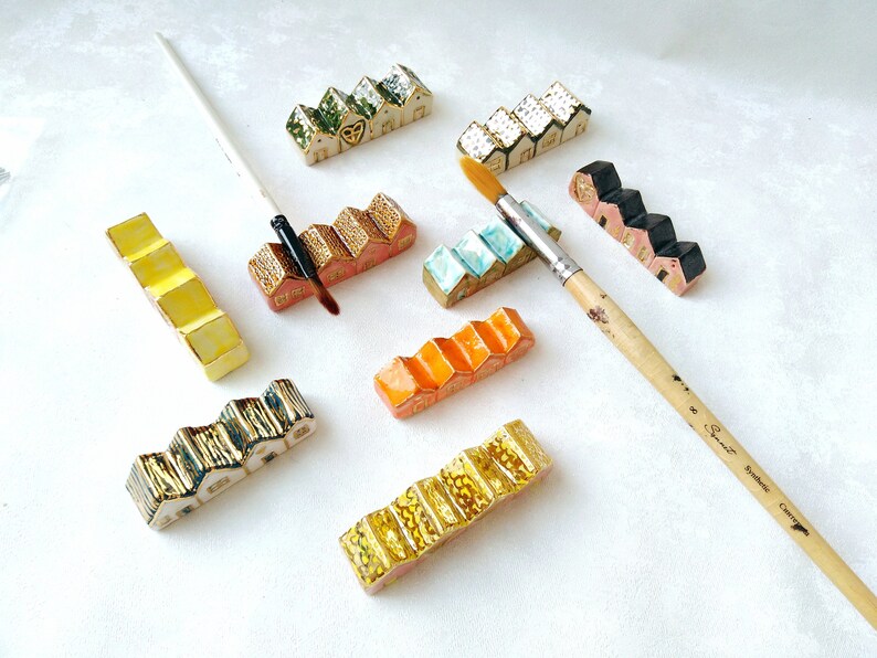 gift for artist handmade brush rest Old village houses made of ceramics ...