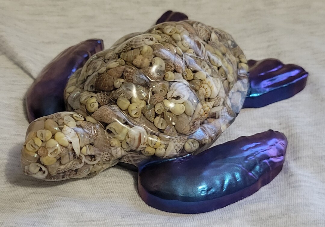 Resin Sea Turtle With Mini Seashells in Shell and Head, Blue/purple ...