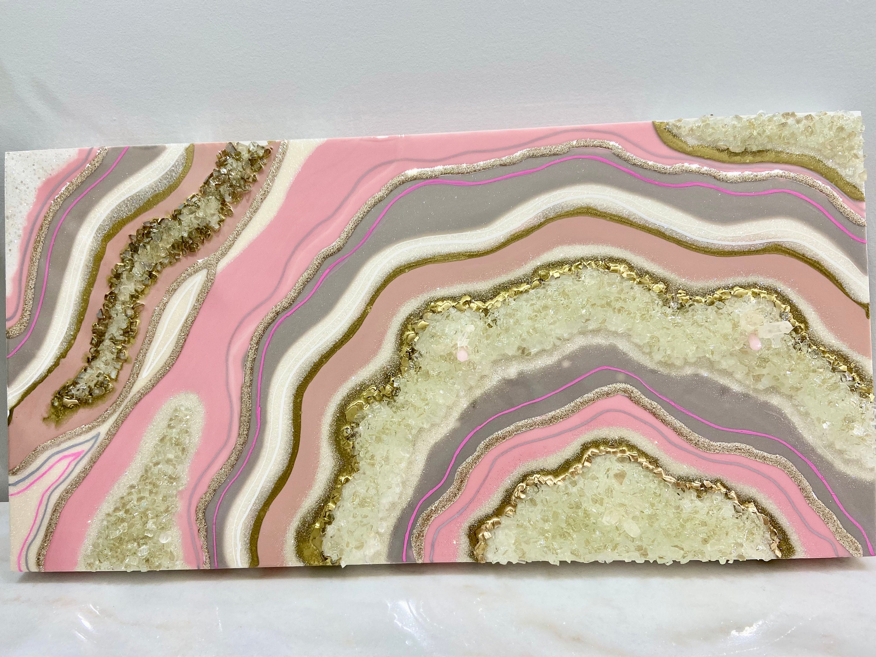 Custom Pink Resin Geode Wall Art: Crystal & Gold Accent Decor - Etsy