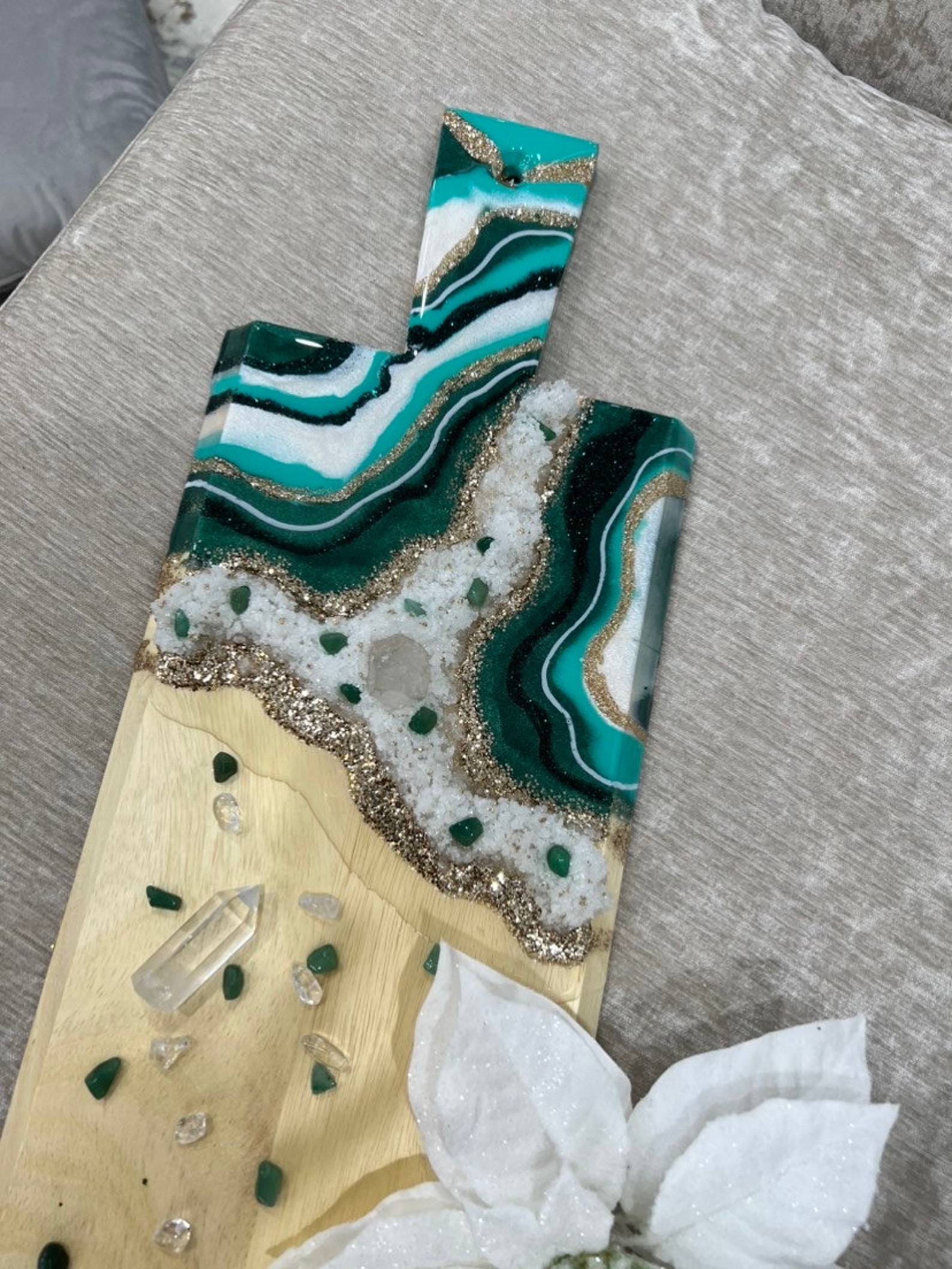 Large Geode Resin Charcuterie Board/ Emerald Green and Gold Resin ...