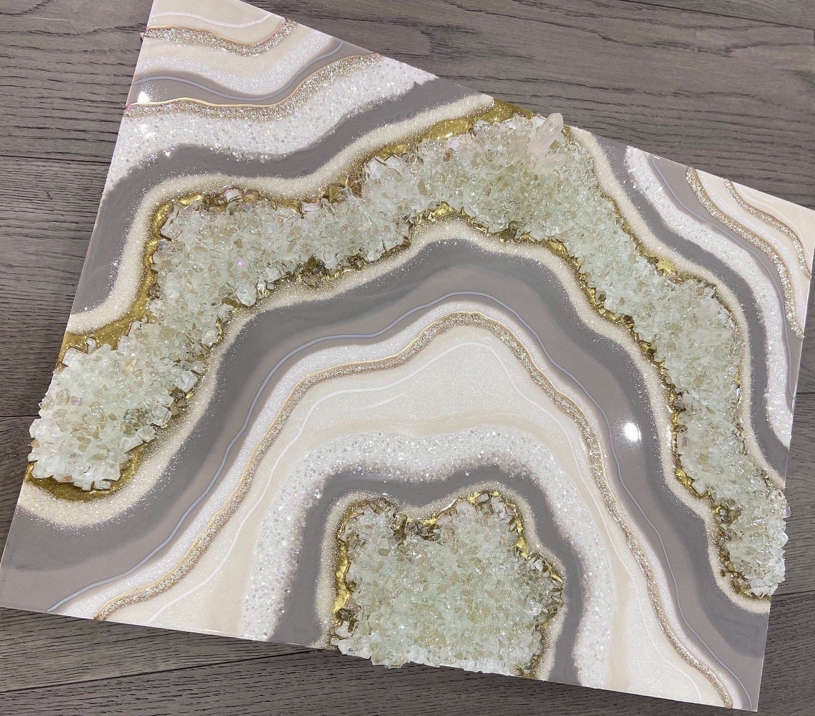 Custom Grey Gold Resin Geode Wall Art Crystal Painting Epoxy Resin Wall ...