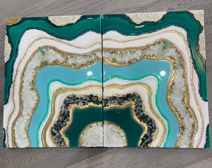 Green Emerald Geode Resin Painting, Large Resin Wall Art, Geode Crystal ...