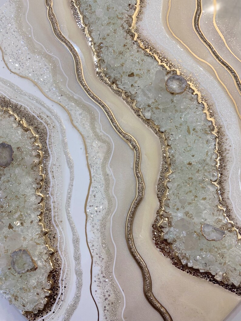 Ivory and Gold Resin Geode Wall Art: Luxury Epoxy Painting, Crystal ...