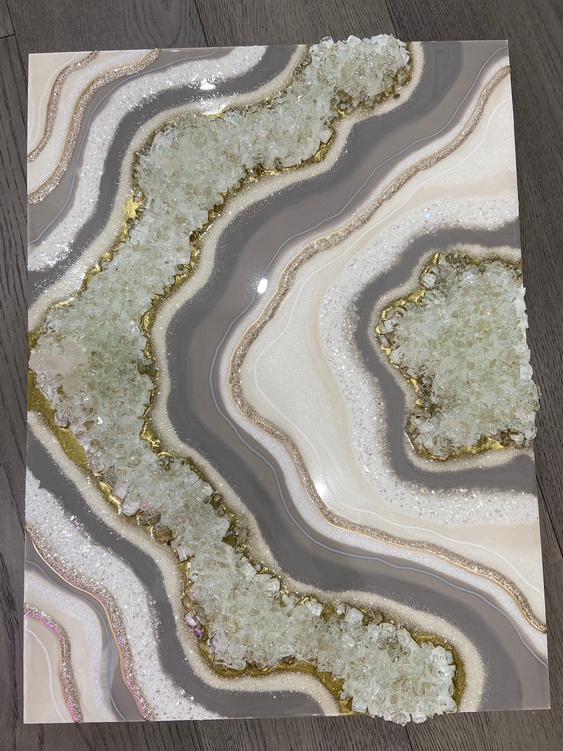 Custom Grey Gold Resin Geode Wall Art Crystal Painting Epoxy Resin Wall ...