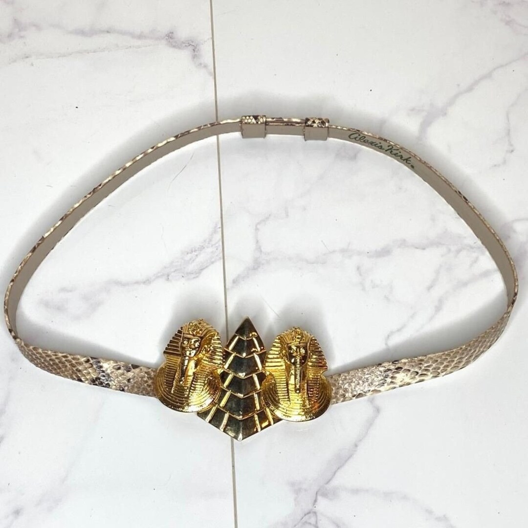 Vintage 80s ALEXIS KIRK Egyptian Revival Gold Plated Pharaoh Pyramid Belt Buckle & Python ...