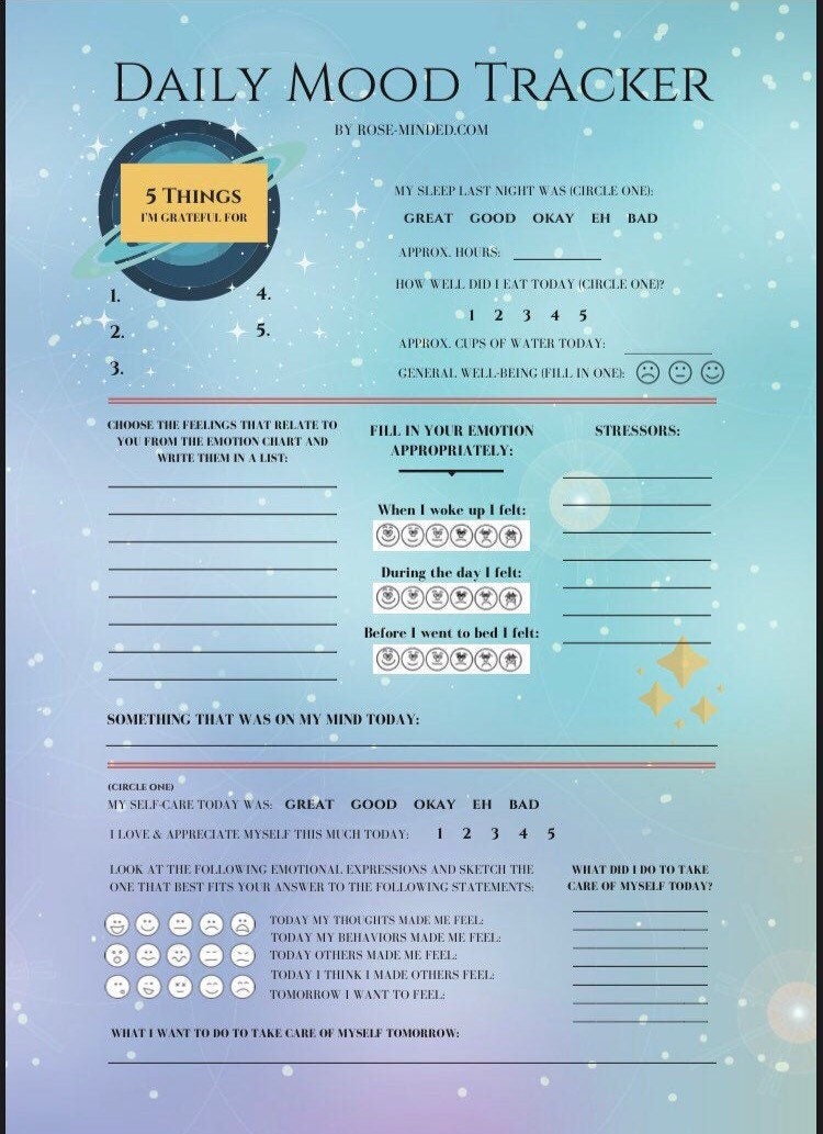 Daily mood tracker Printable pdf 8.5 x 11 mental health | Etsy