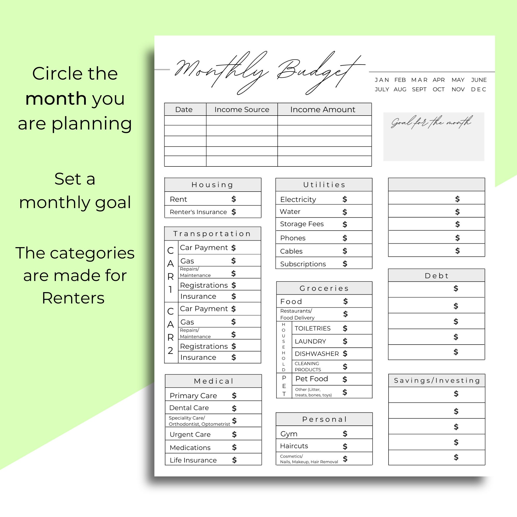 Monthly Budget for Renters Printable, Undated Budget Planner, Living in ...