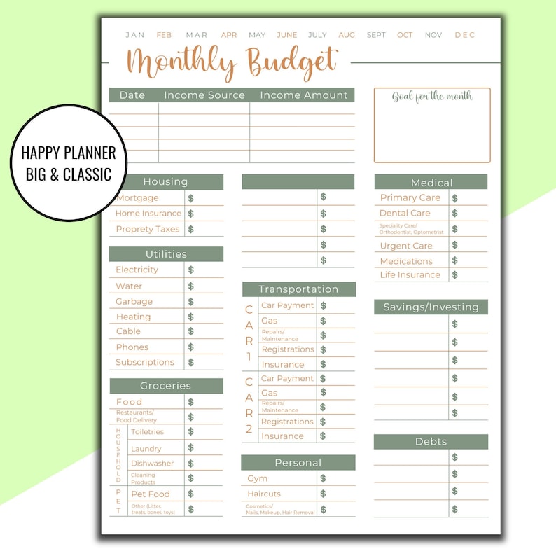 Monthly Budget Planner Printable, Minimal Monthly Finance Overview ...