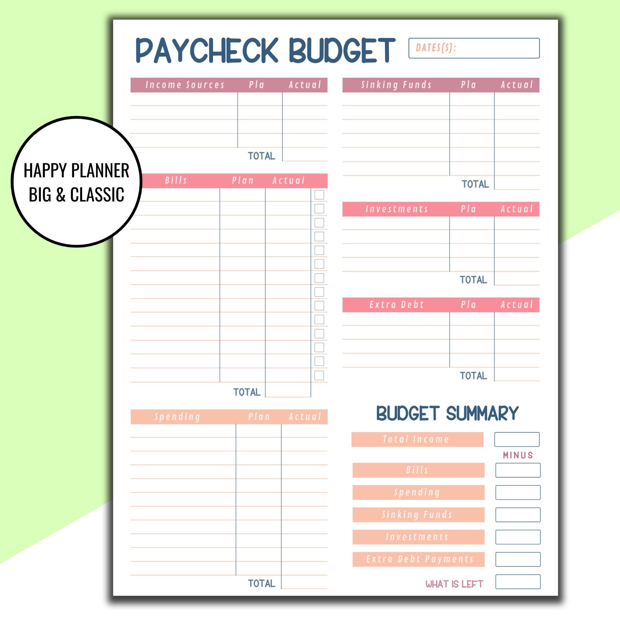 Paycheck Budget Printable, Modern Biweekly Paycheck by Paycheck Budget ...