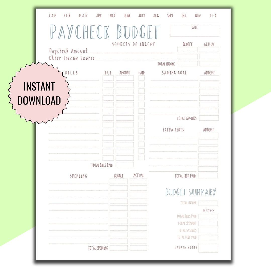 Paycheck Budget Printable, Bi Weekly Paycheck by Paycheck Pdf ...