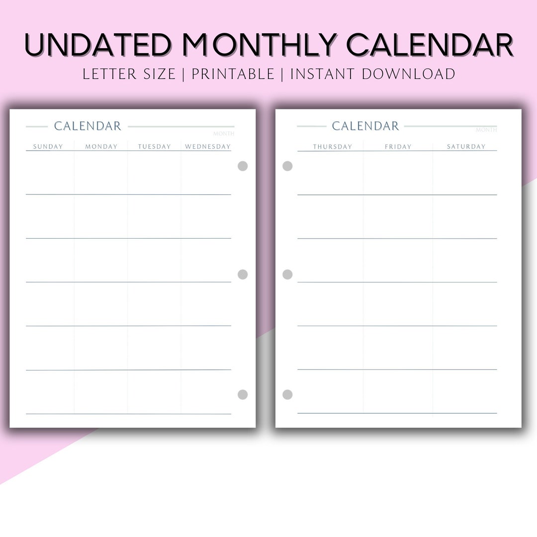 Undated Monthly Calendar Printable, Minimalist Blank Monthly Tasks ...
