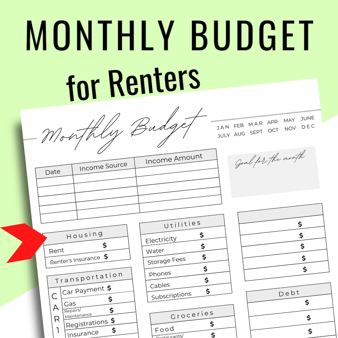 Monthly Budget for Renters Printable, Undated Budget Planner, Living in ...