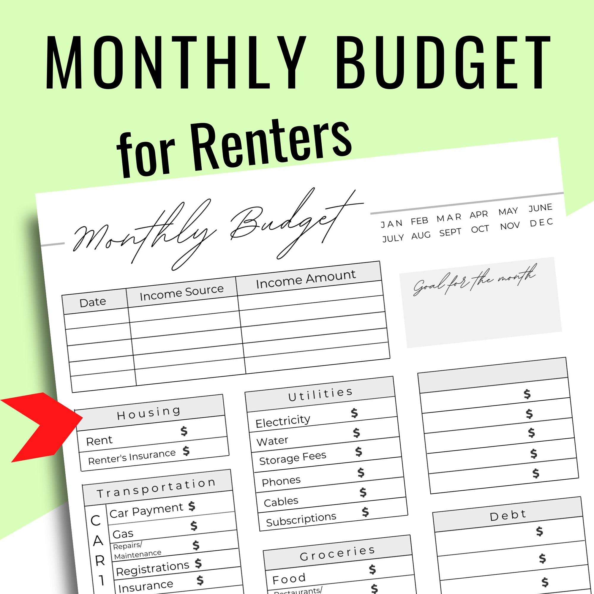 Monthly Budget for Renters Printable, Undated Budget Planner, Living in ...