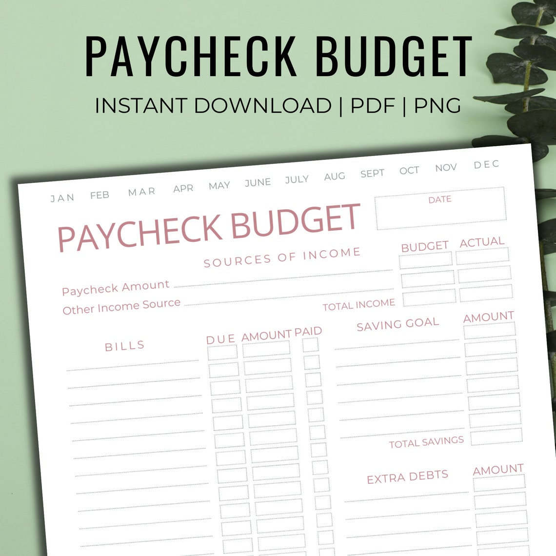 Paycheck Budget Overview Printable Planner Minimalist - Etsy