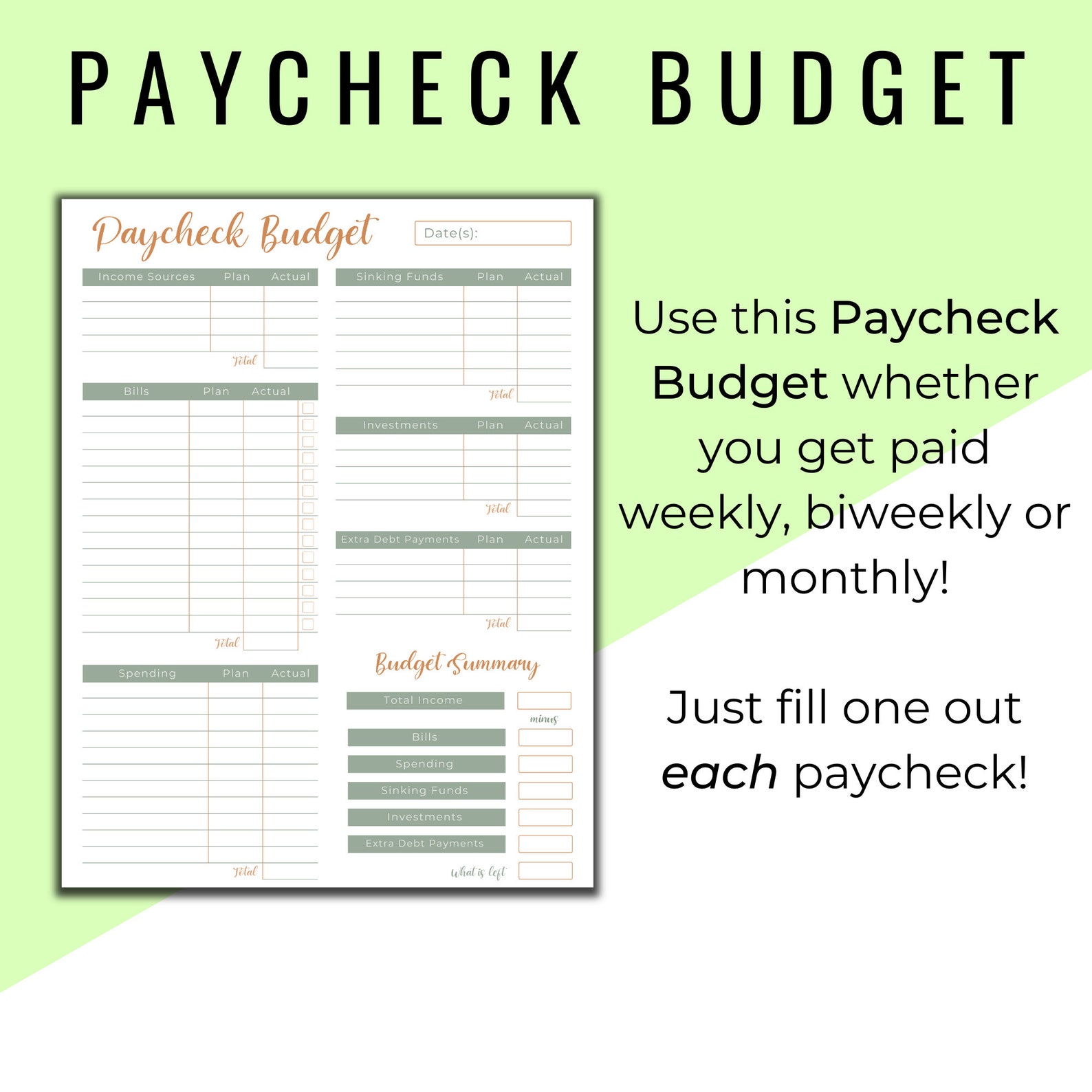 Editable & Printable Paycheck Budget Printout, Budget by Paycheck ...