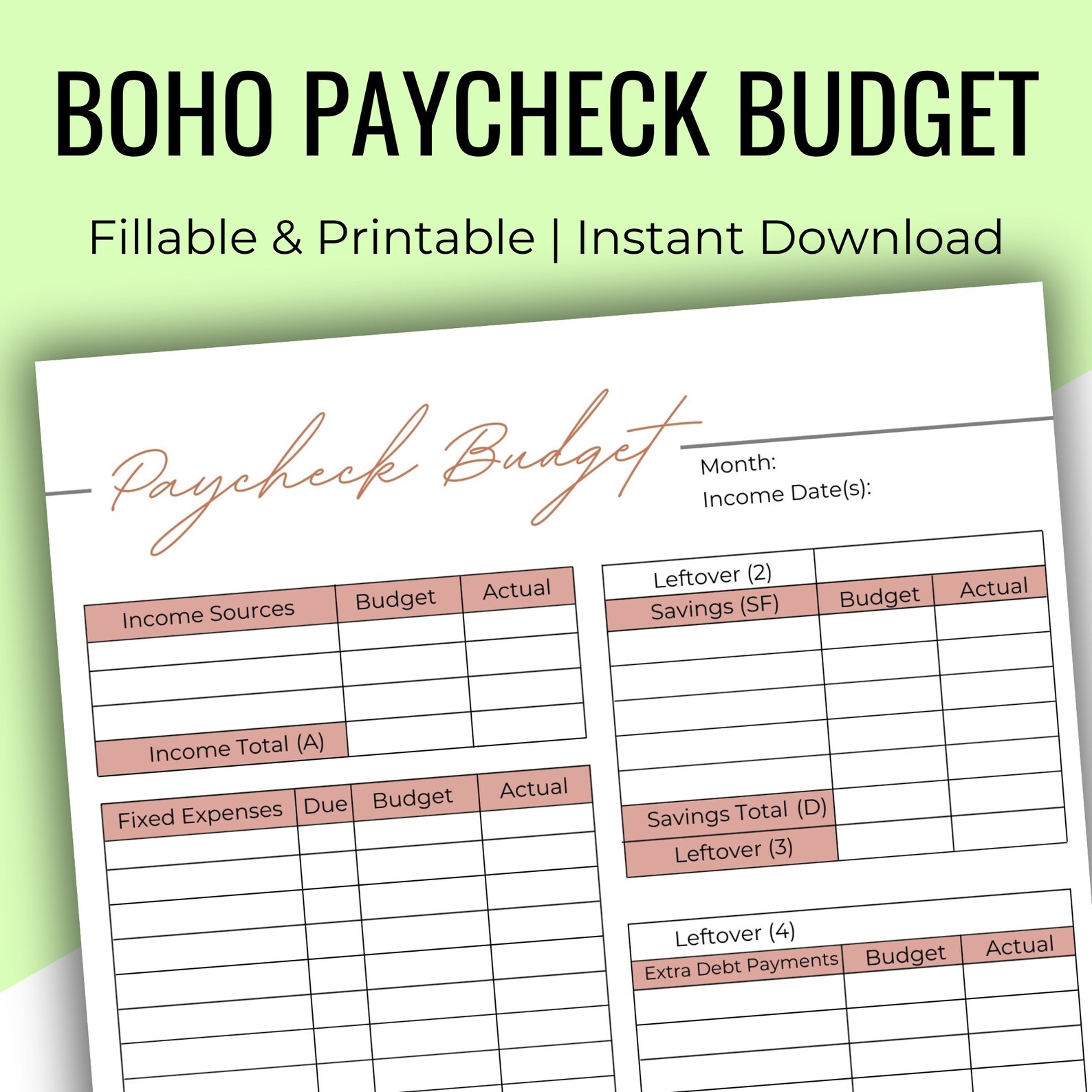 Editable & Printable Biweekly Paycheck Budget Planner, Boho Minimalist ...