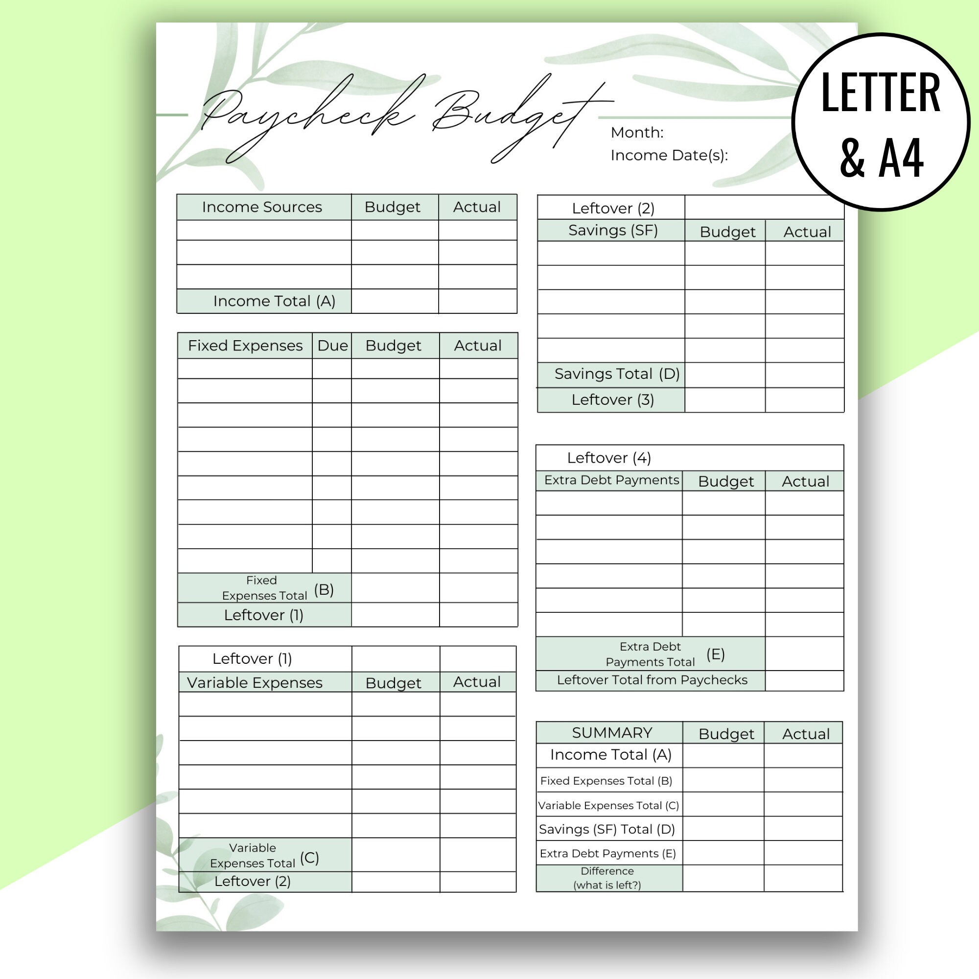 Paycheck Budget Printable Greenery Minimalist Bi-Weekly | Etsy