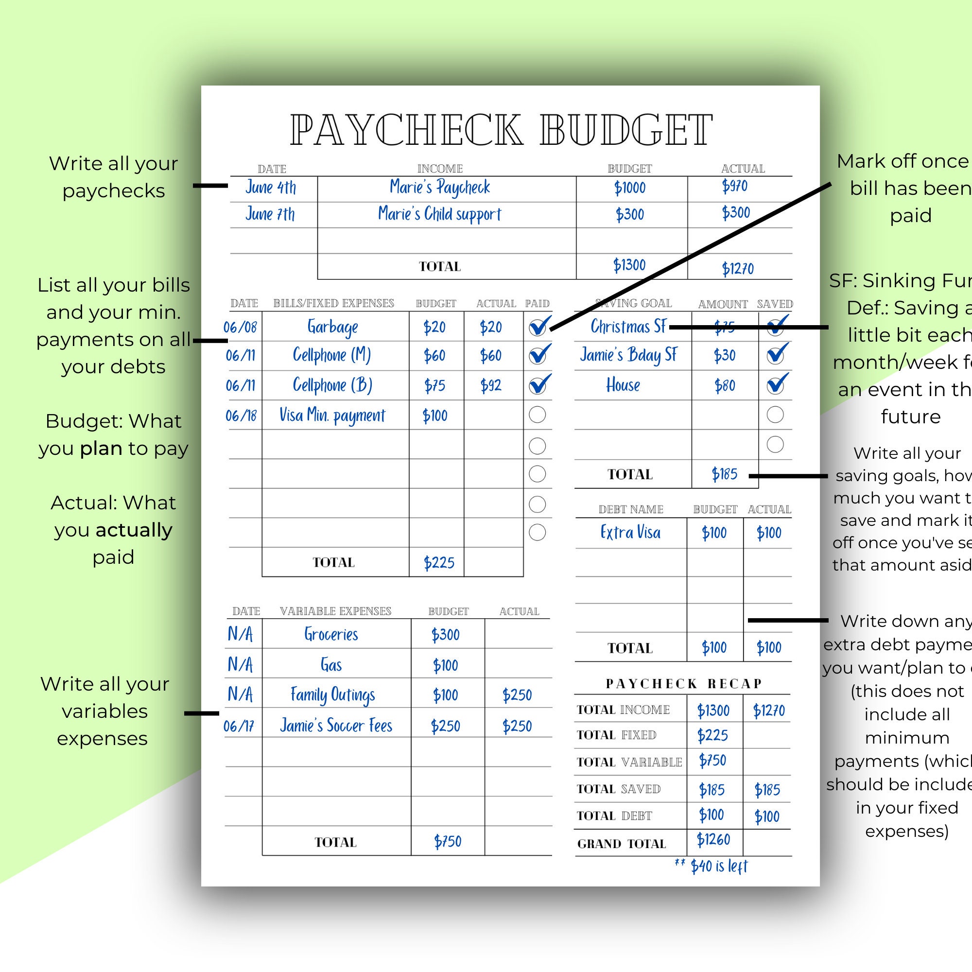 Editable & Printable Budget by Paycheck Printout, Biweekly Budget ...