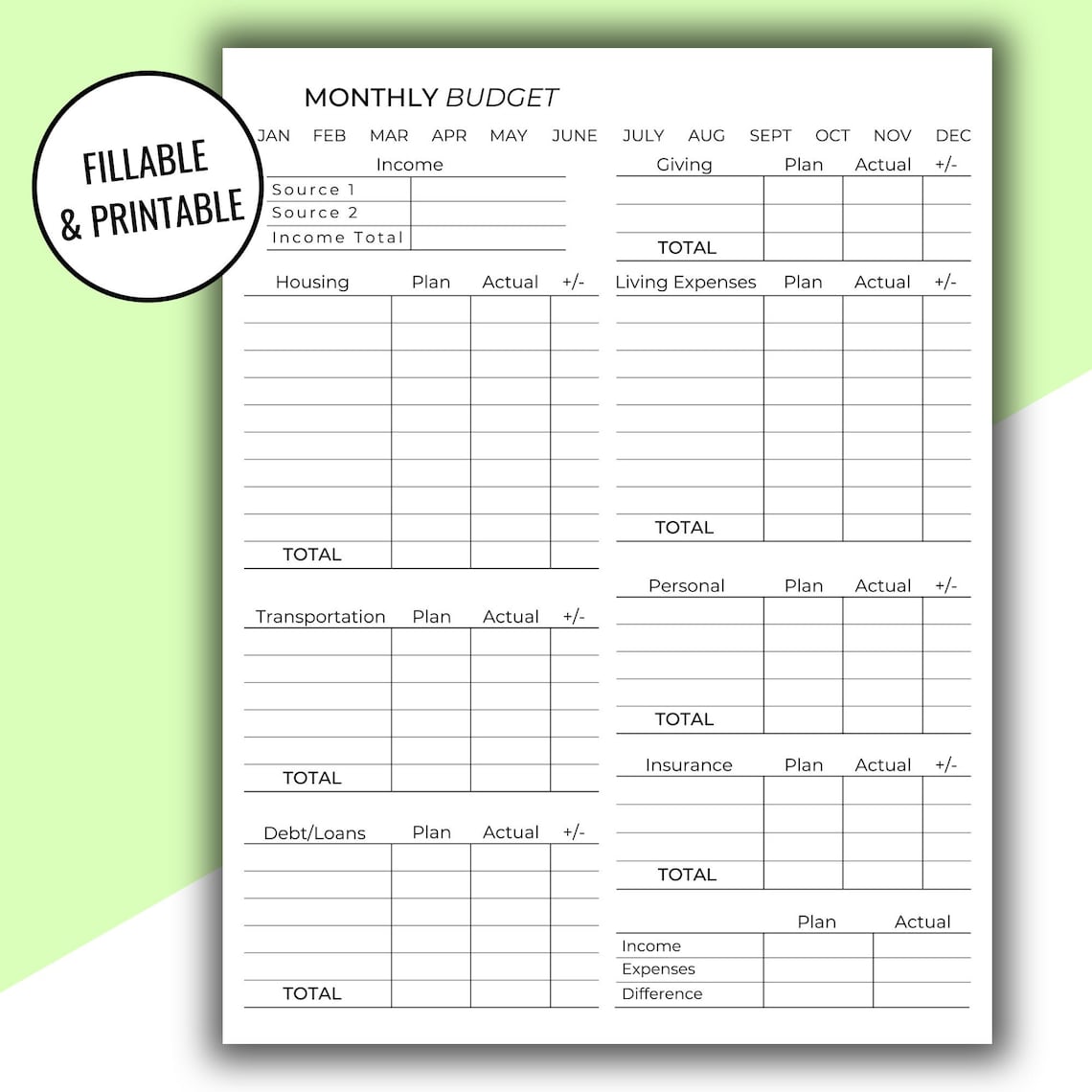 Editable & Printable Monthly Budget Printable, Monthly Budget Printout ...