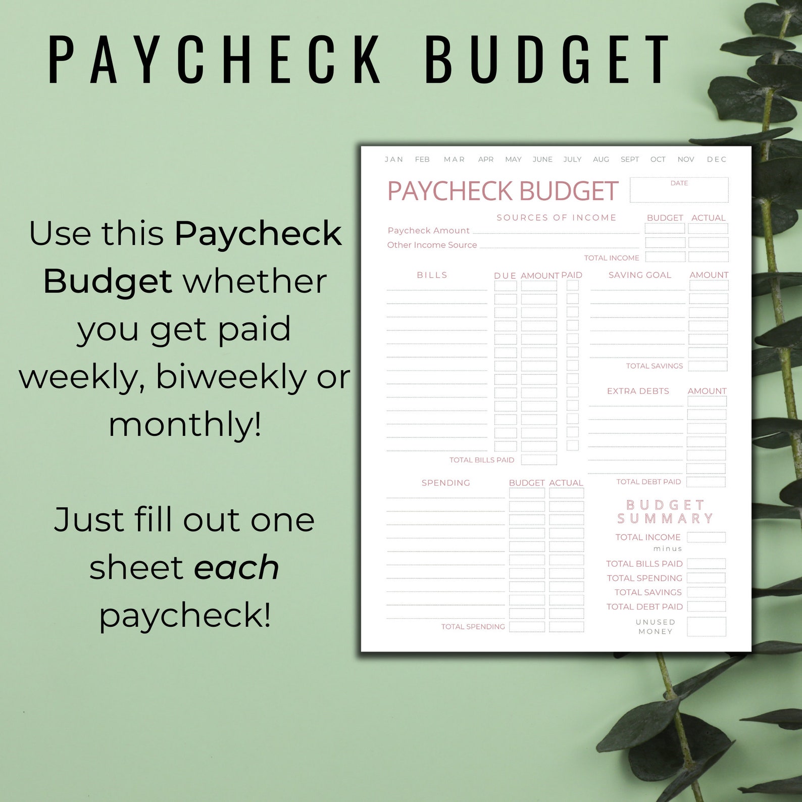 Paycheck Budget Overview Printable Planner, Minimalist Biweekly Budget ...