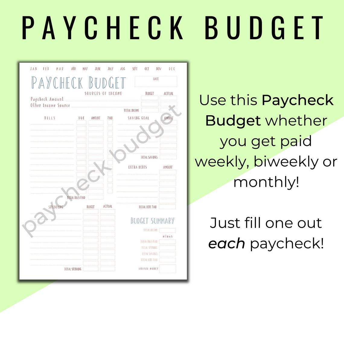 Paycheck Budget Printable Bi Weekly Paycheck by Paycheck Pdf - Etsy