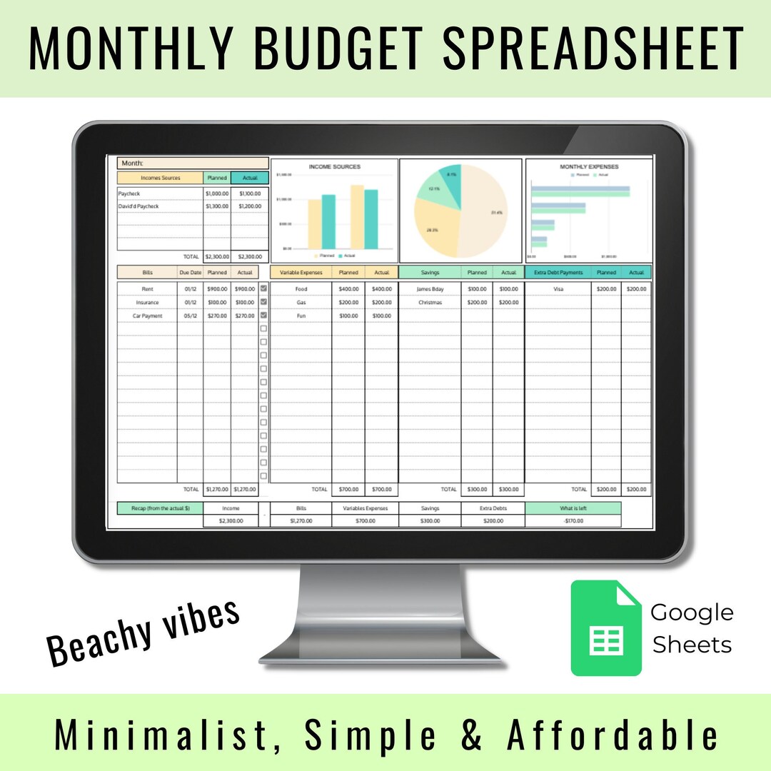 Monthly Budget Spreadsheet, Monthly Financial Tracker, Spreadsheet ...