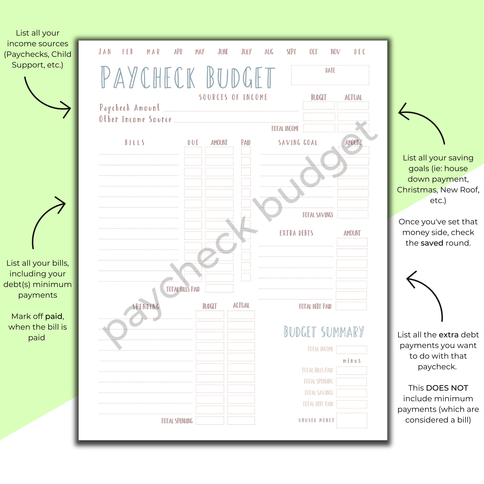 Paycheck Budget Printable, Bi Weekly Paycheck by Paycheck Pdf ...