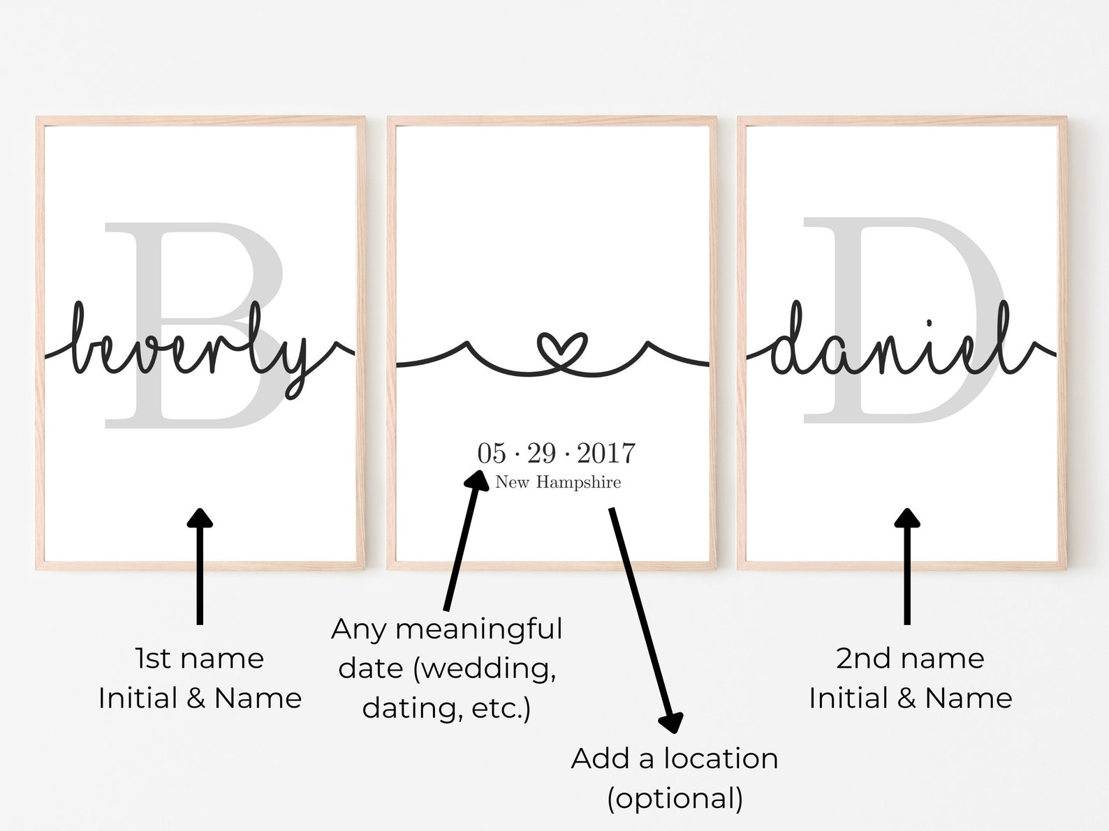 Couple Name and Initial Set of 3 Personalized Wall Prints, Home Decor ...
