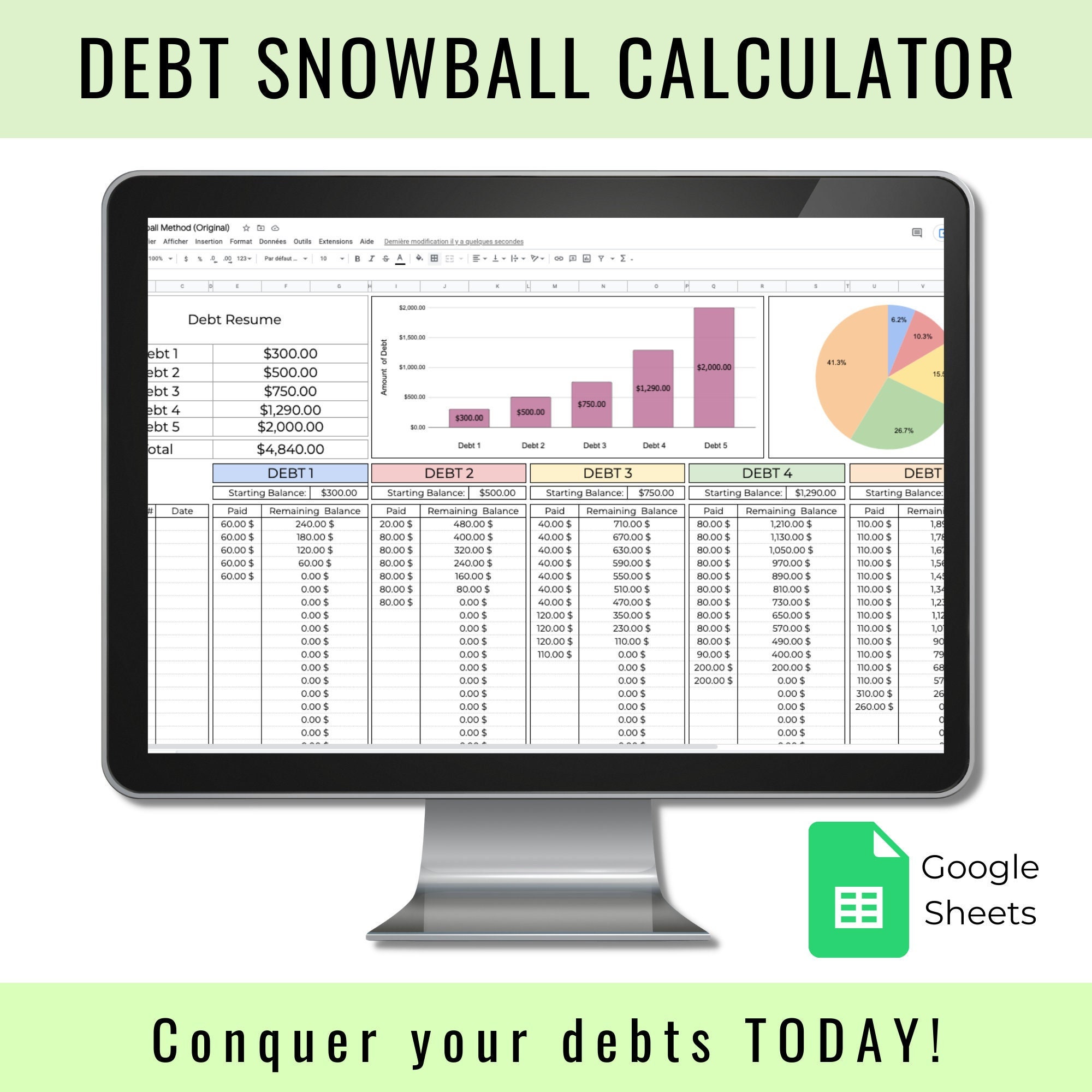 Debt Snowball Method Spreadsheet in Google Sheets, Debt Free Payoff ...