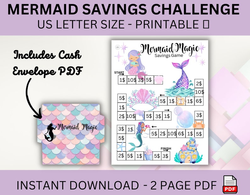 Mermaid Savings Challenge, Cash Envelope, Digital Download, Instant PDF ...