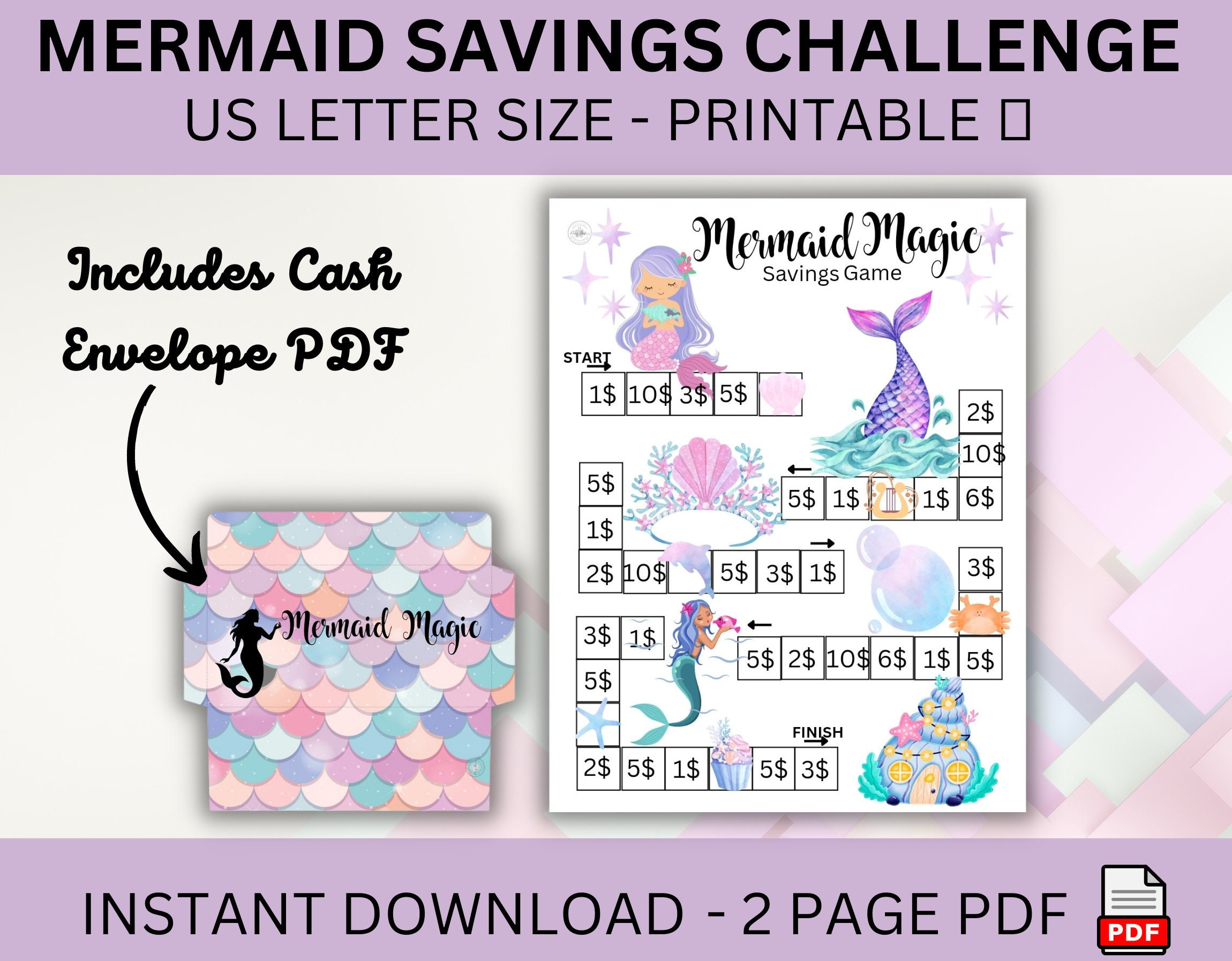 Mermaid Savings Challenge, Cash Envelope, Digital Download, Instant PDF ...