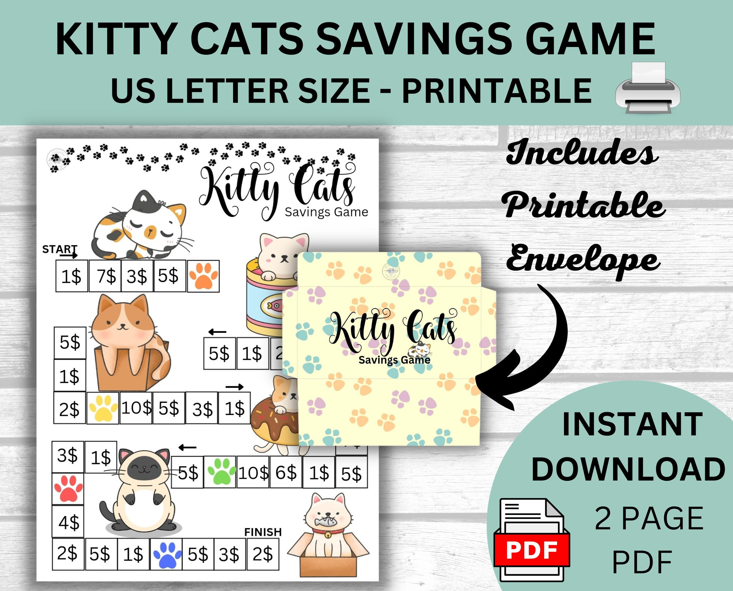 Kitty Cats Savings Game, Cash Envelope, Instant Download, Digital ...