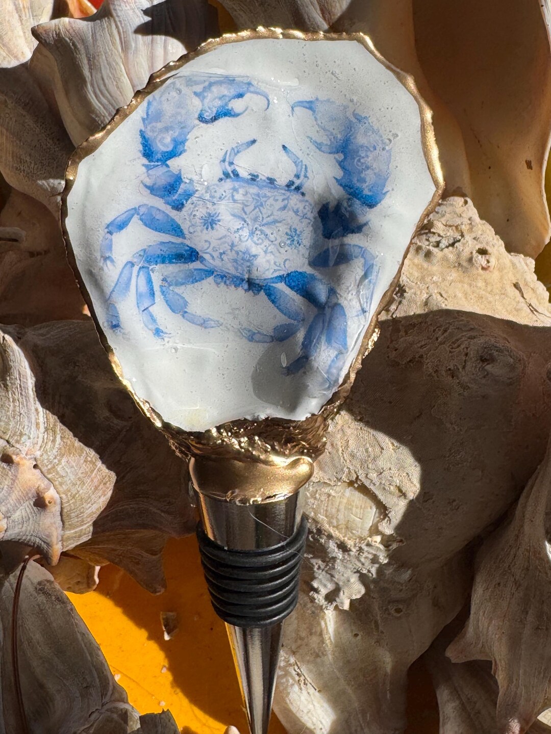 Chinoiserie Blue Crab Oyster Shell Wine Stopper – Hand-gilded Coastal ...