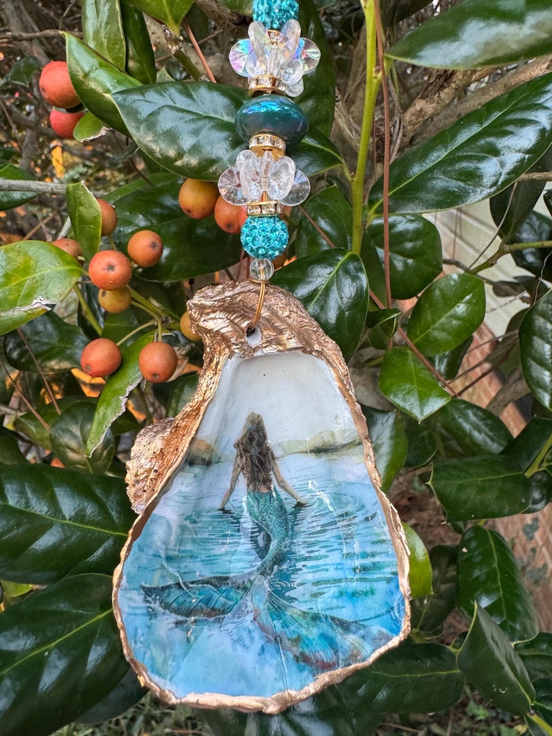 Mermaid Oyster Shell Ornament – Coastal Handmade Décor With Gold Trim ...