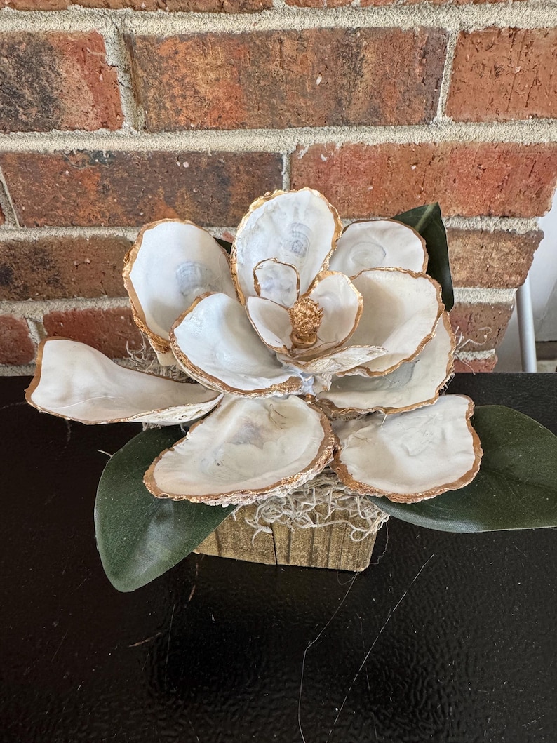 Magnolia Oyster Shell Magnolia on Wooden Block Base - Etsy