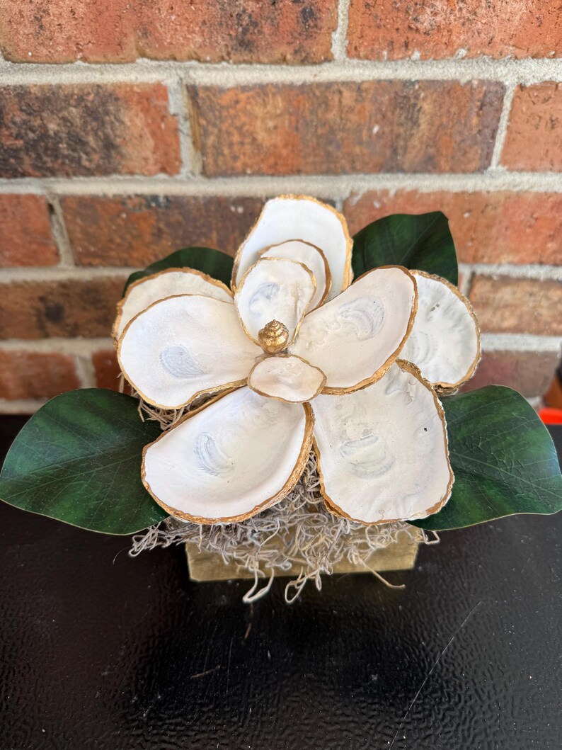 Magnolia Oyster Shell Magnolia on Wooden Block Base - Etsy