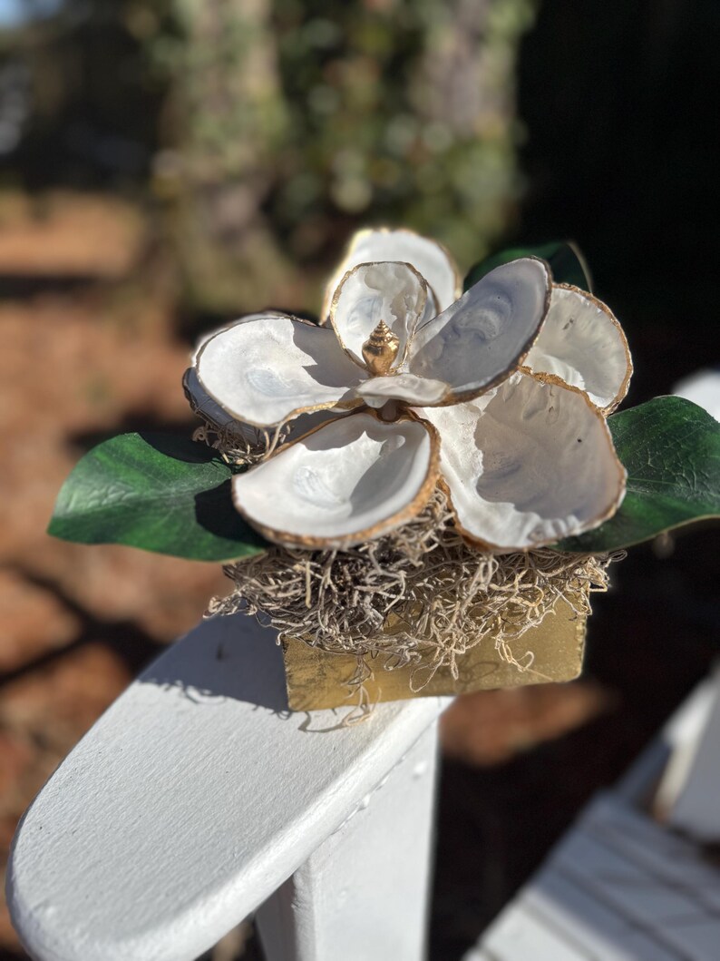 Magnolia Oyster Shell Magnolia on Wooden Block Base - Etsy