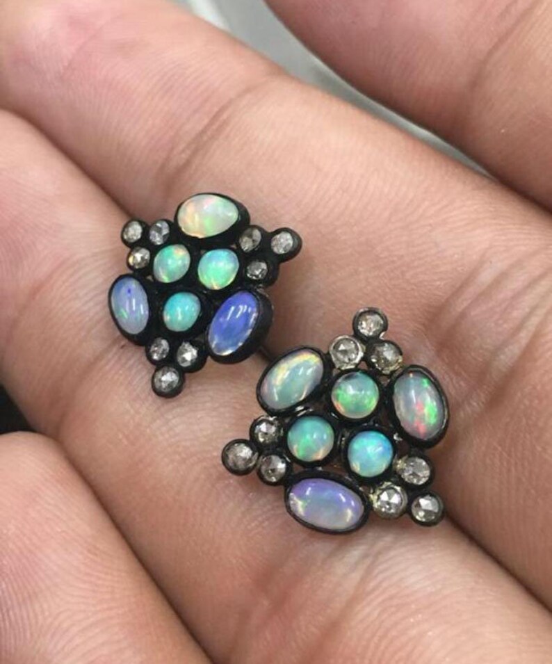Ethiopian Opal & Diamond Stud, Sterling Silver, Pave Diamond Jewelry ...