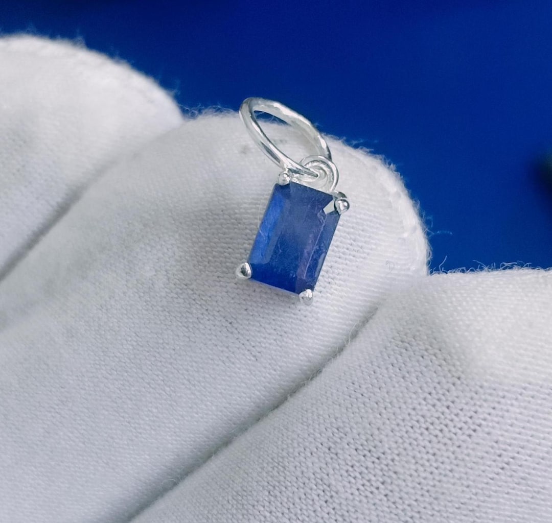 Blue Sapphire Gold Charm, 18k Gold Emerald Cut Sapphire Charm, Minimal ...