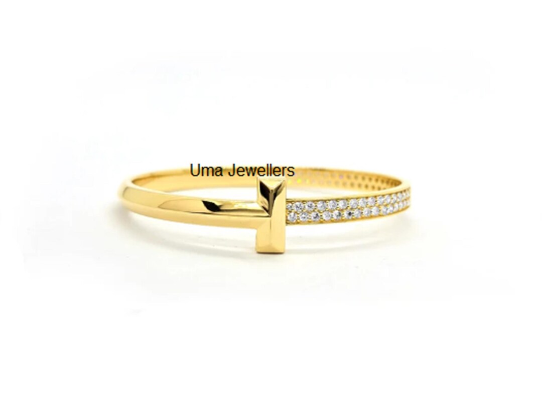 Diamond Tiffany T Bar Ring, Round Cut Diamond Wedding Band Ring, 14k ...
