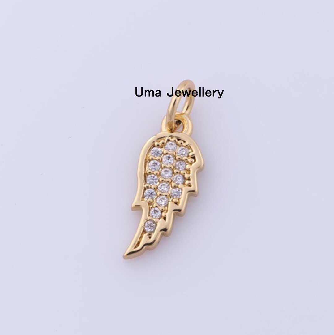 14k Solid Gold Wing Diamond Charms Pendant, Handmade Prong Set Wing ...