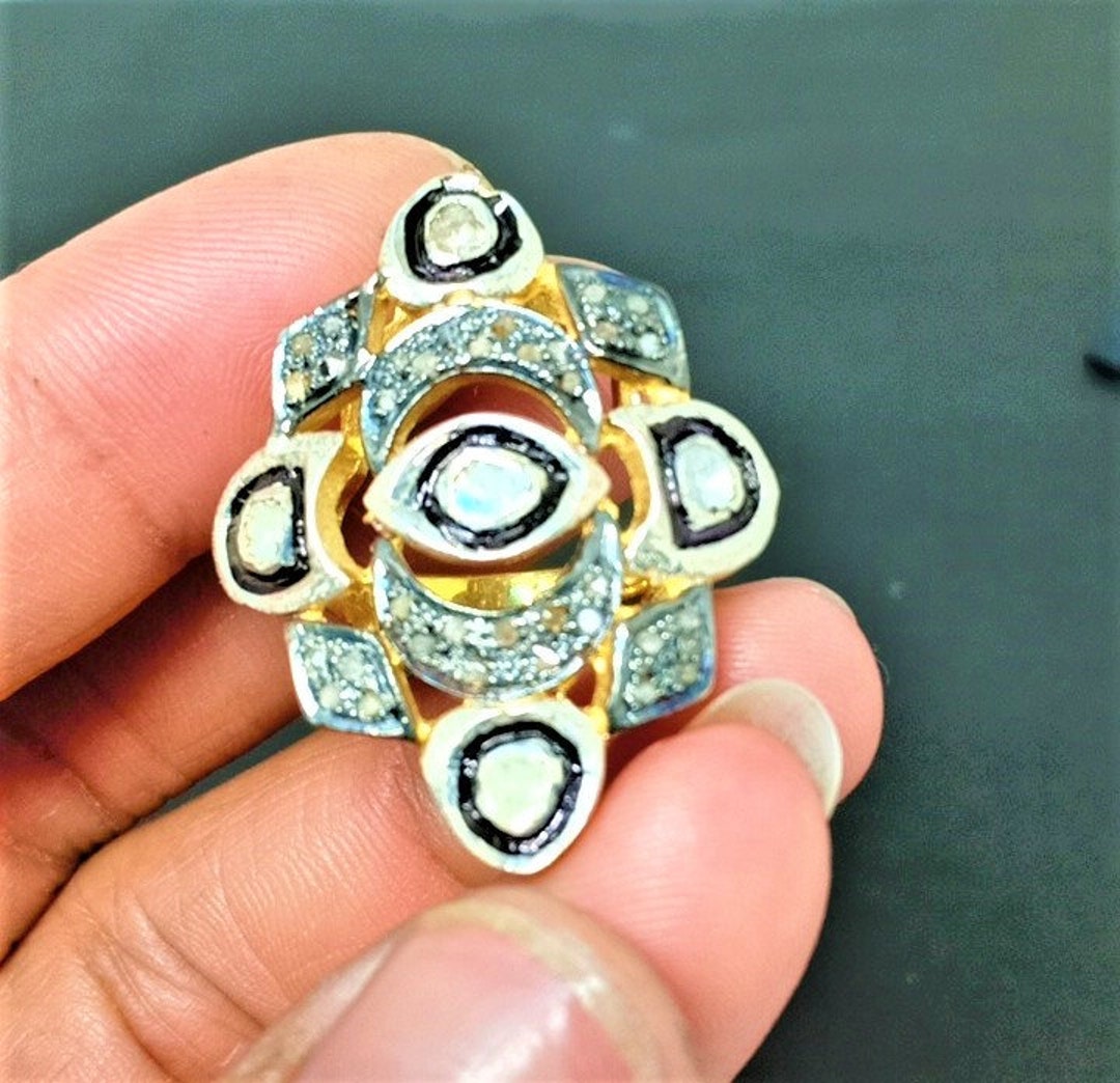 Rose Cut Polki Ring, Polki Diamond Ring, Slice Polki Diamond Ring, 925 ... Rose Cut Polki Ring, Polki Diamond Ring, Slice Polki Diamond Ring, 925 ...