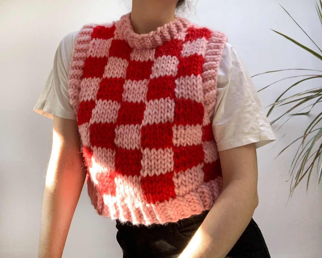 Hand Knit Chequered Vest - Etsy