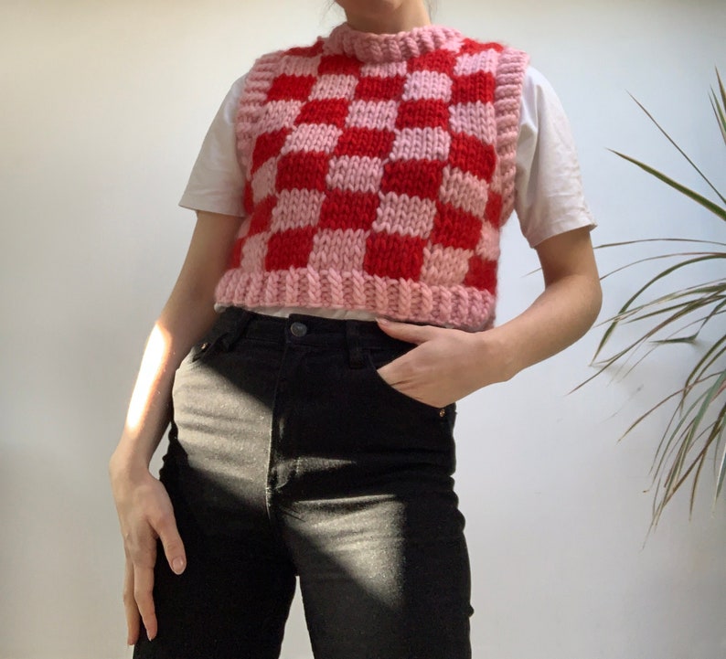 Hand Knit Chequered Vest - Etsy