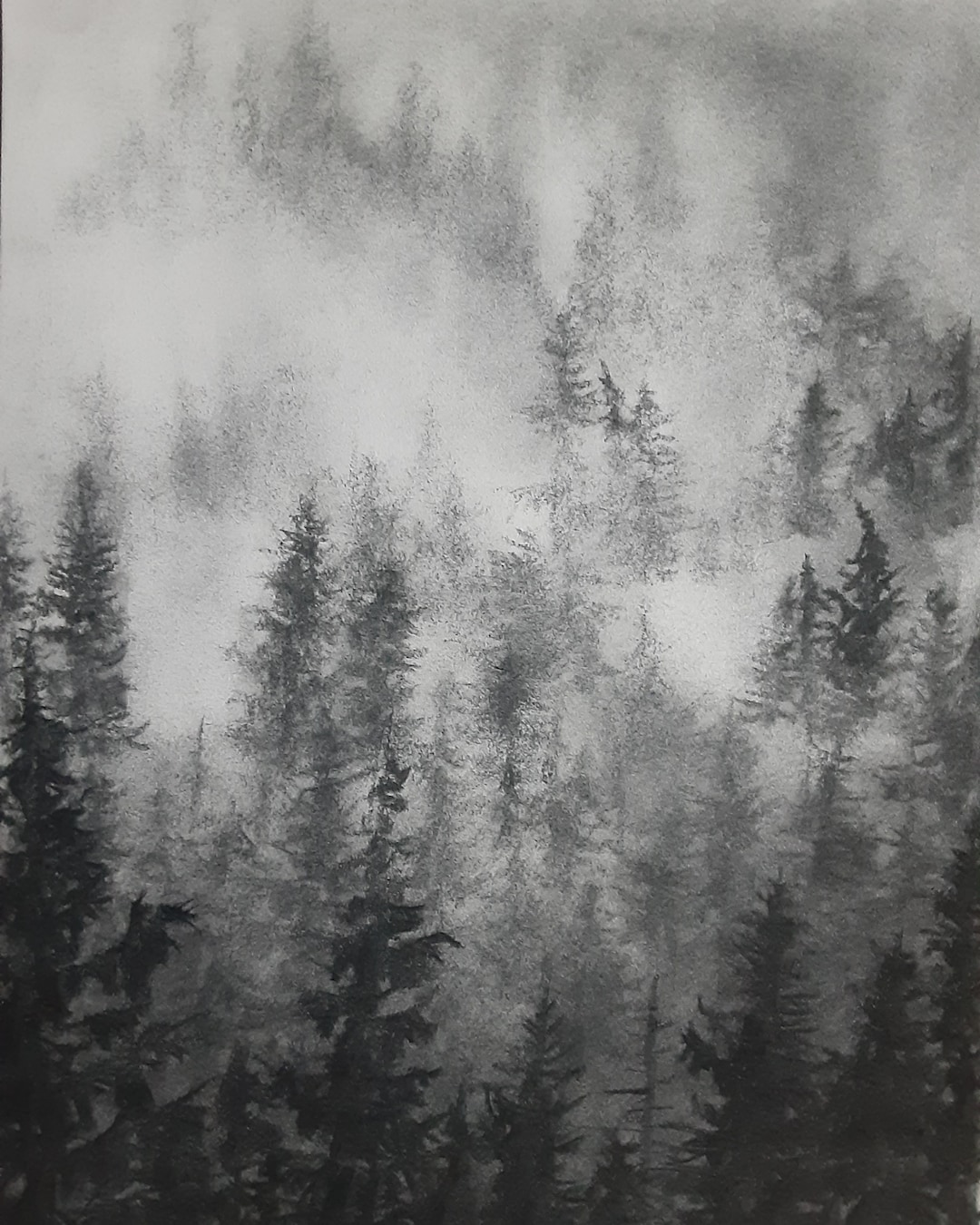 Foggy Forest. Original Landscape Charcoal Drawing. Gallery Wall Art ...