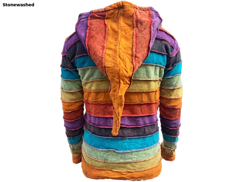 Rainbow Stripy Cotton Summer Jacket Men’s Pixie Hooded Patchwork Hippie ...