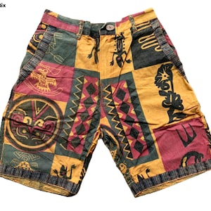 Hemp Cotton Shorts Ethnic Symbols Printed Men’s Boho Shorts With Two ...