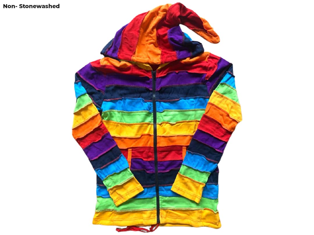 Rainbow Stripy Cotton Summer Jacket Men’s Pixie Hooded Patchwork Hippie ...