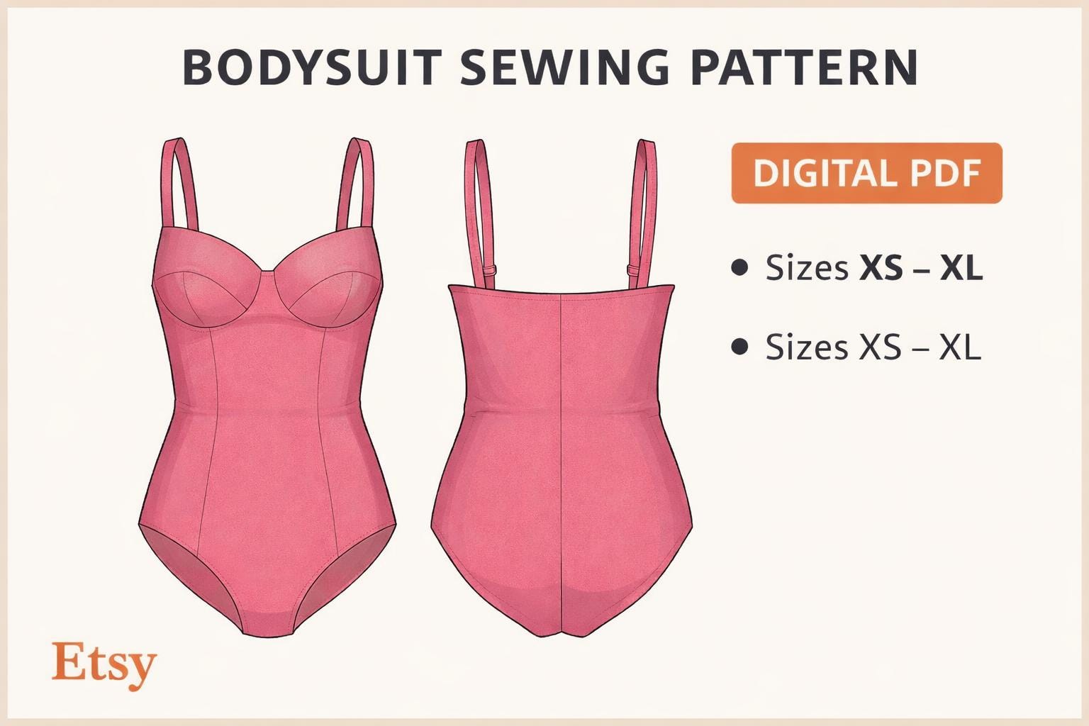 Bodysuit Sewing Pattern With Cups – Sizes XS to XL (digital PDF ...